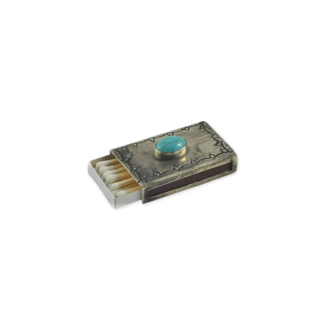 Small Silver Stamped Matchbox With Turquoise