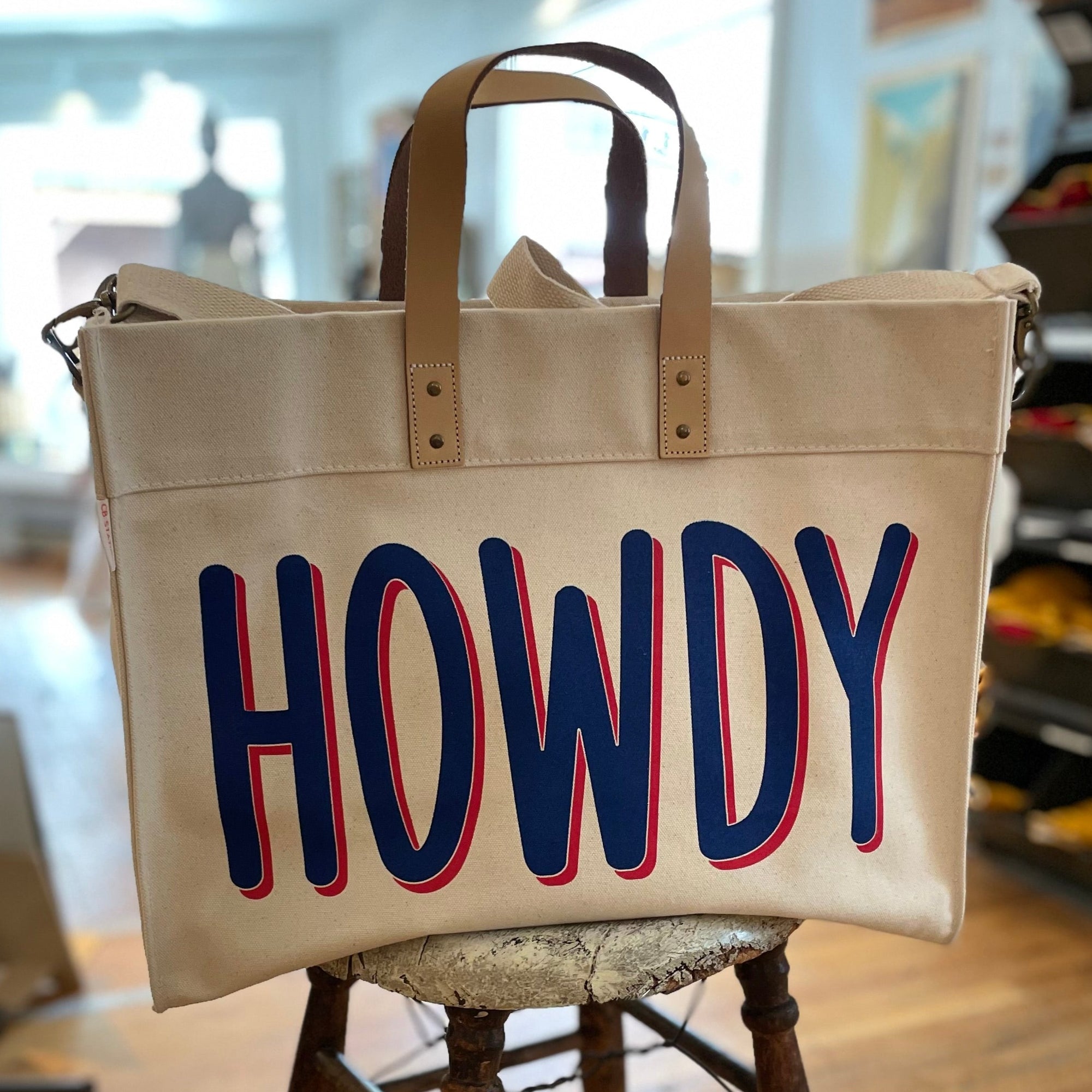 Howdy Tote - Blue and Red Drop Shadow
